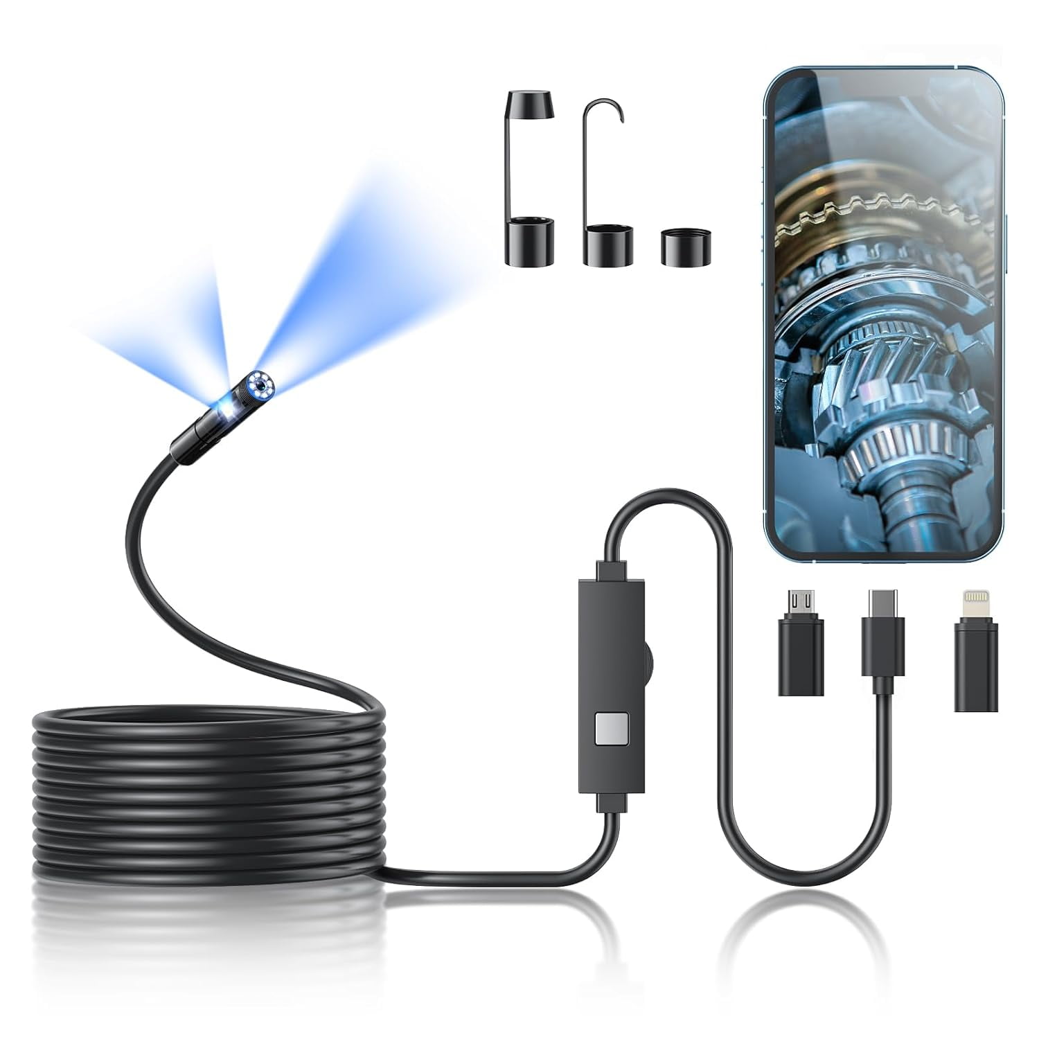 Dual-Lens Endoscope Camera with Light, 1920P HD Borescope Tools with 8 ...