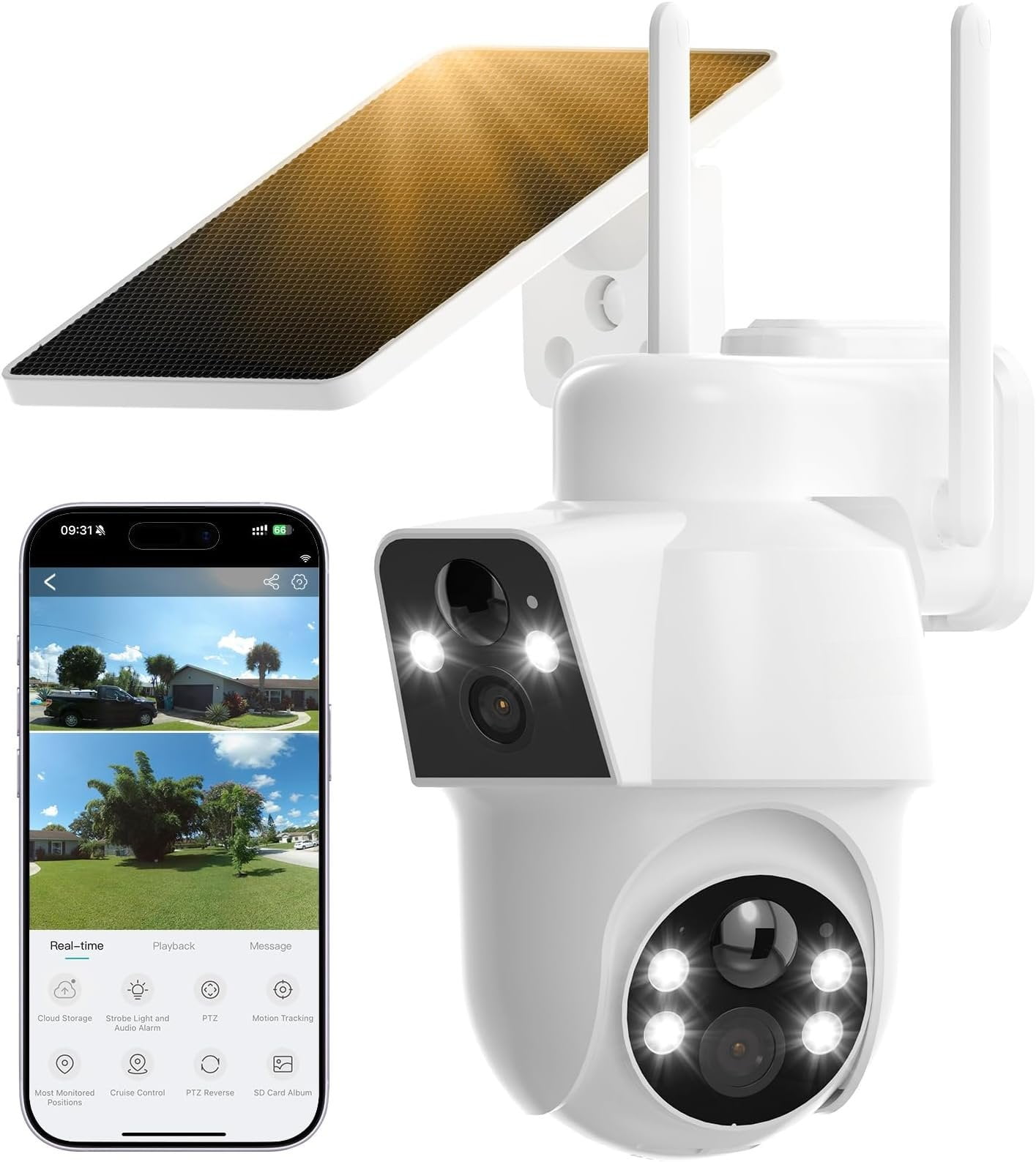 Dual-Lens Solar Camera, 3MP Outdoor Camera for , Wire-Free with Solar ...