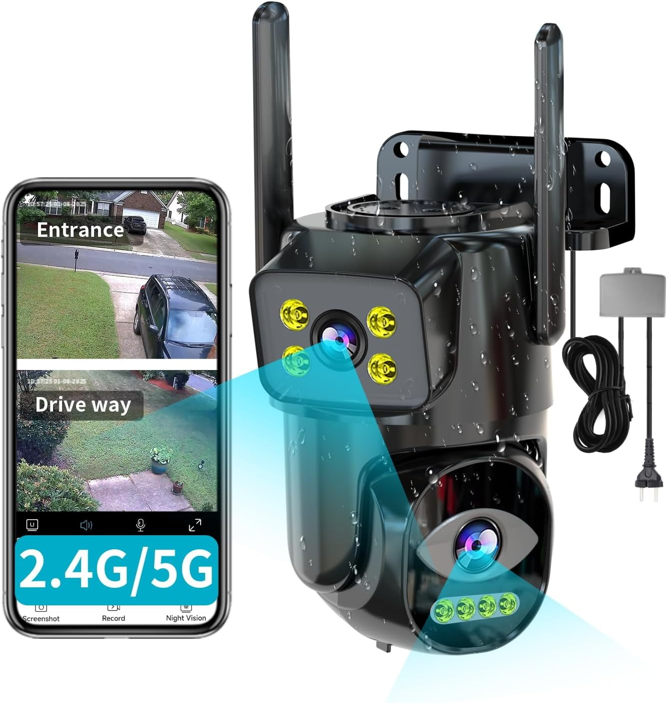 Dual Lens WiFi Security Camera Outdoor, 2.4G/5G PTZ Outdoor Plug-in ...