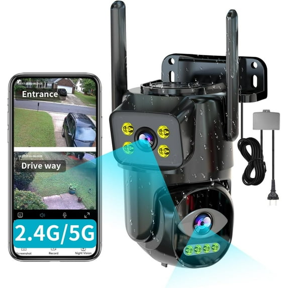Dual Lens WiFi Security Camera Outdoor, 2.4G/5G PTZ Outdoor Plug-in ...