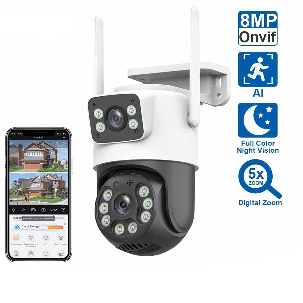 Dual Lens Wifi Camera Outdoor 4K 8MP PTZ Night Vision Dual Screen Human ...