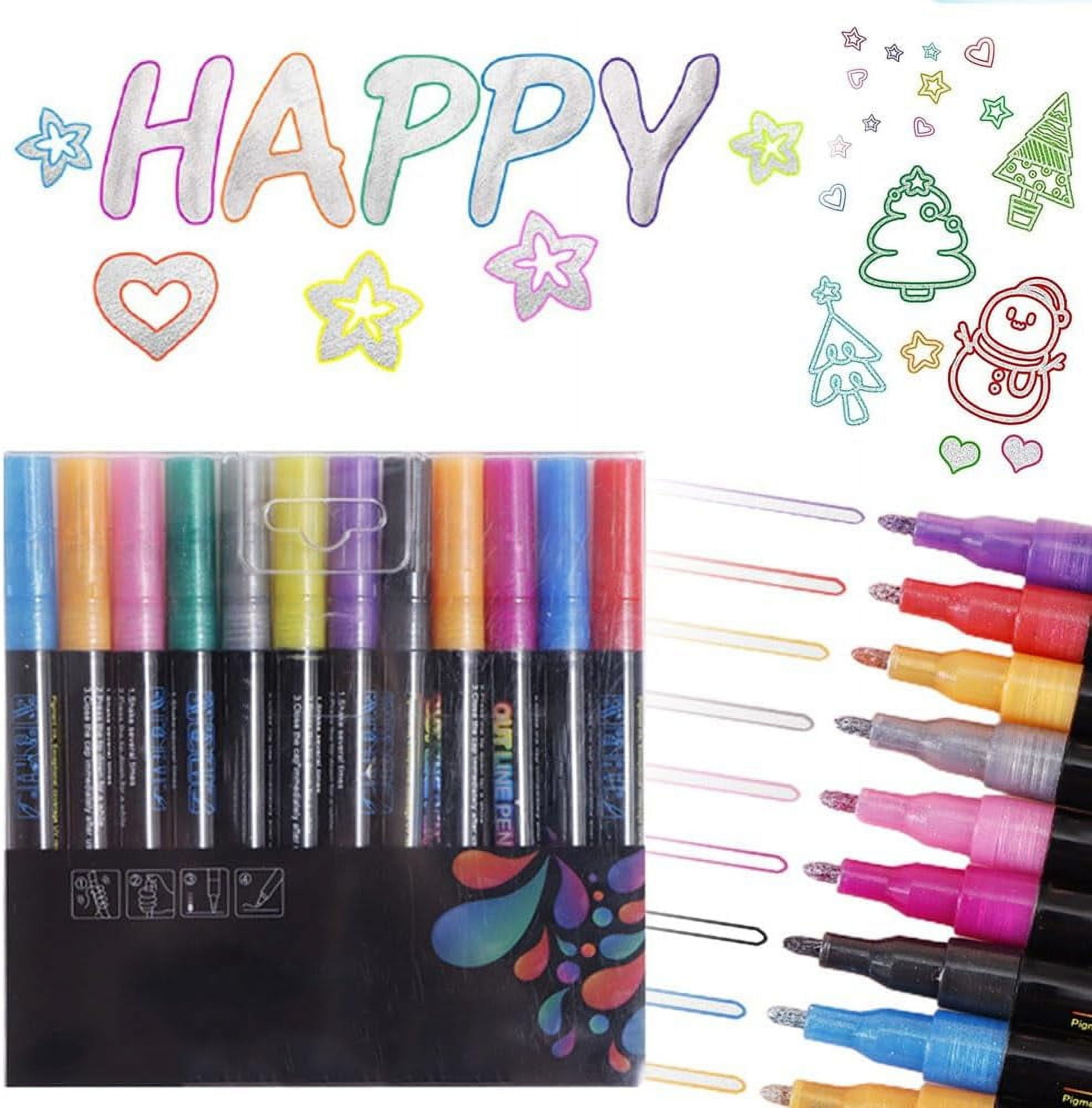 Dual-Line Highlighter, 2024 New Glitter Gel Double Line Outline Pen ...