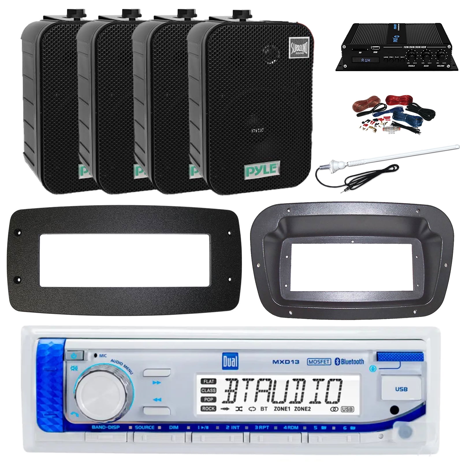 Dual MXD13 Single DIN Bluetooth Marine MP3 AM/FM Stereo Receiver, Spa bezel, Adapter Plate, Long ...