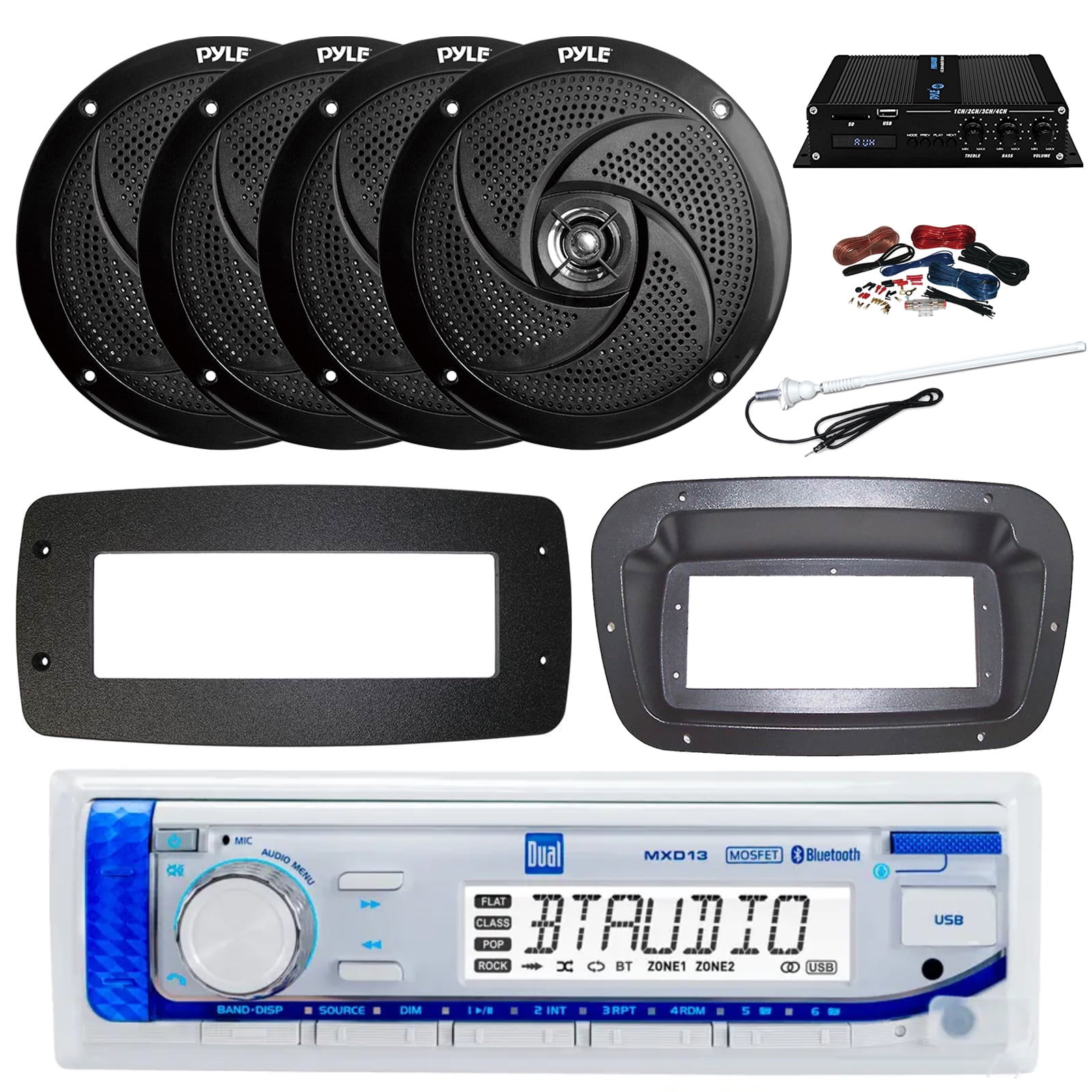 Dual MXD13 Single DIN Bluetooth Marine MP3 AM/FM Stereo Receiver, Spa bezel, Adapter Plate, Long ...