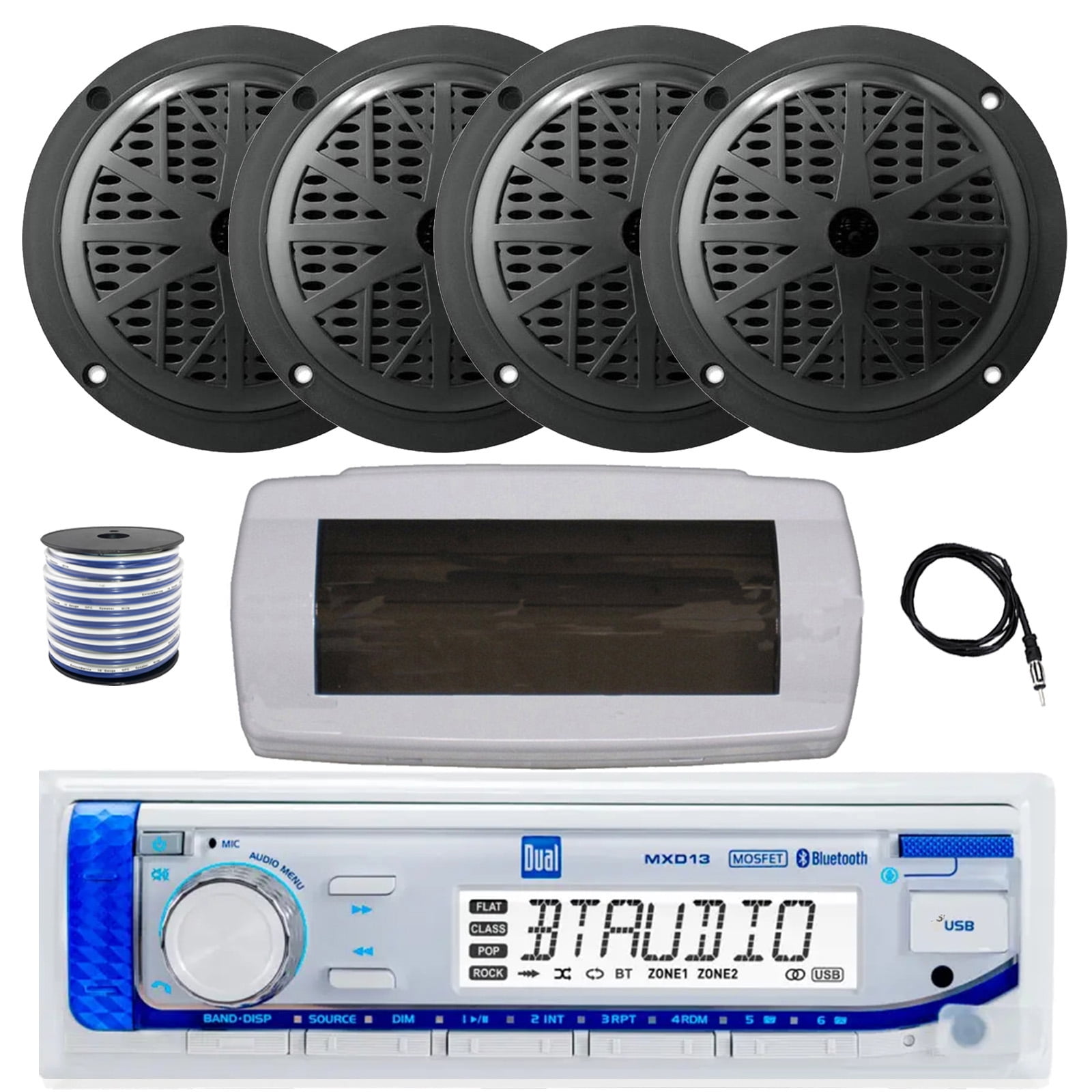 Dual MXD13 Single DIN Bluetooth Marine MP3 AM/FM Stereo Receiver with White Cover, 22" Radio ...