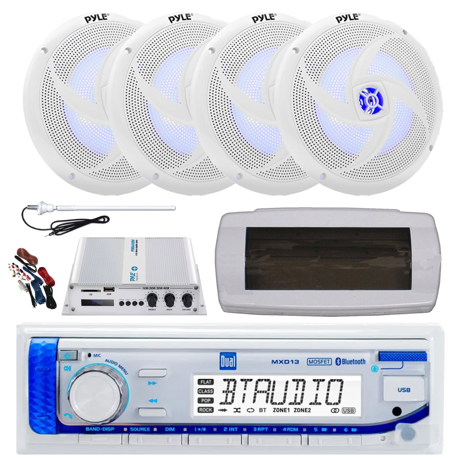 Dual MXD13 Single DIN Bluetooth Marine MP3 AM/FM Stereo Receiver, White Cover, Long Range ...