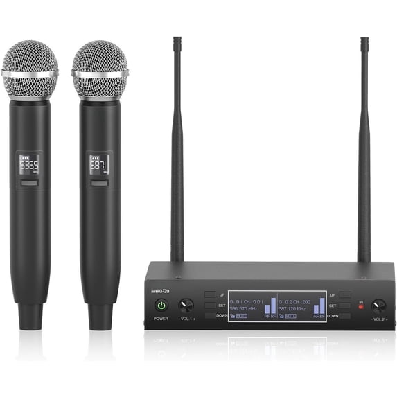 Dual Microphone System, Auto-Scan Professional Cordless Dynamic Mic Set ...