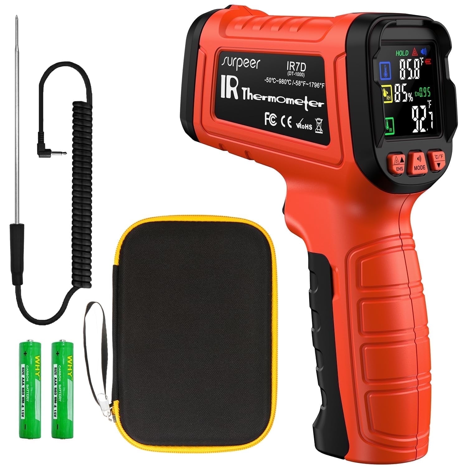 -58°F to 1796°F Infrared Thermometer Gun 16:1 with K-Type Probe ...