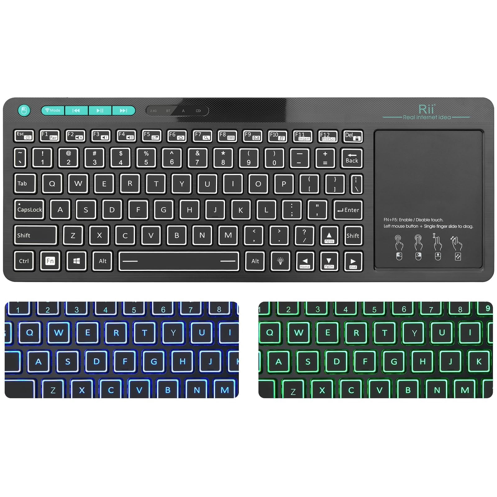 (Dual Mode) Rii RT518S Wireless and Bluetooth 2-LED Color Backlit ...