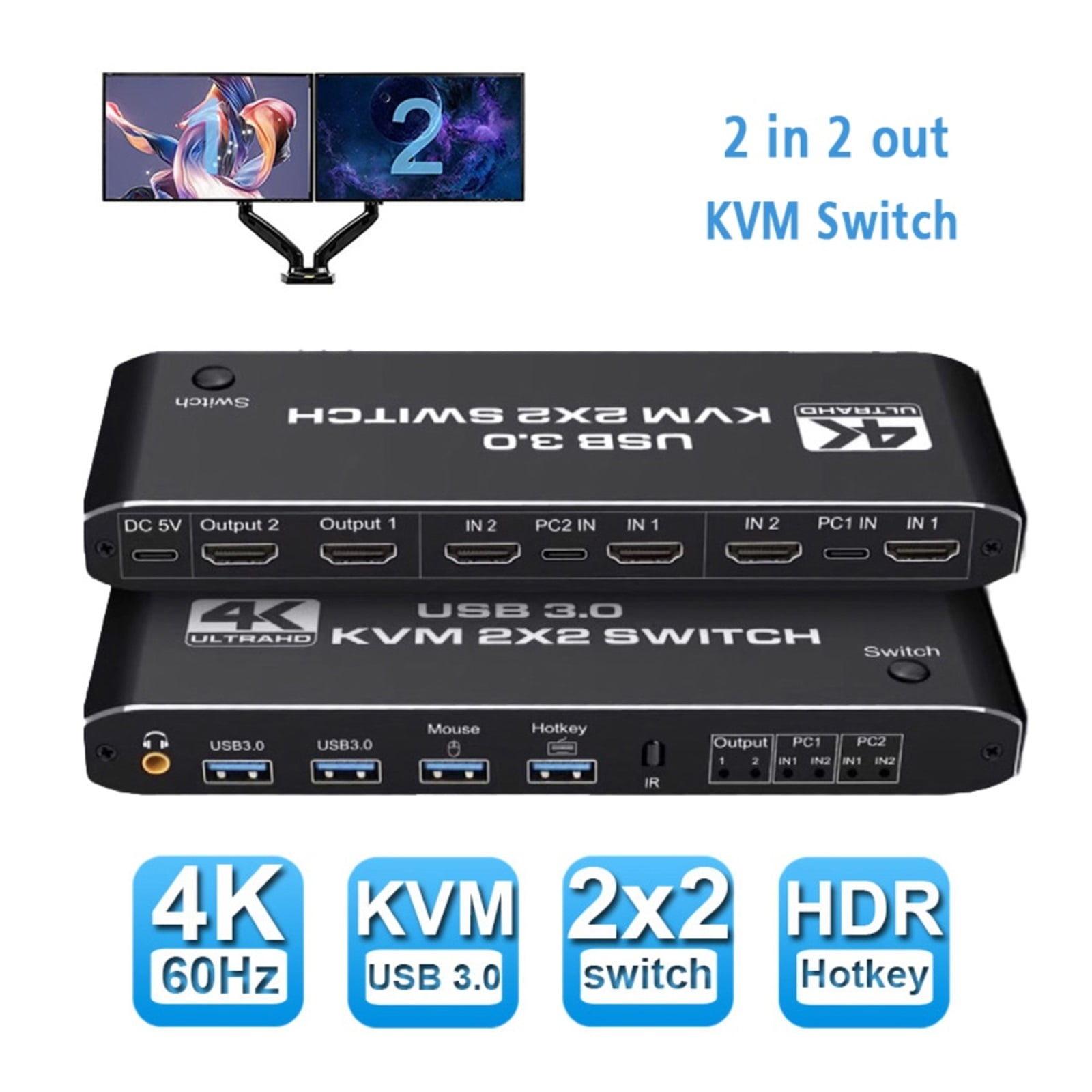 Dual Monitor KVM Switch 2x2 USB3.0 KVM Switch 2 In 2 Out 4K 60Hz 2x2 Mixed Display 2 Monitors 2 ...