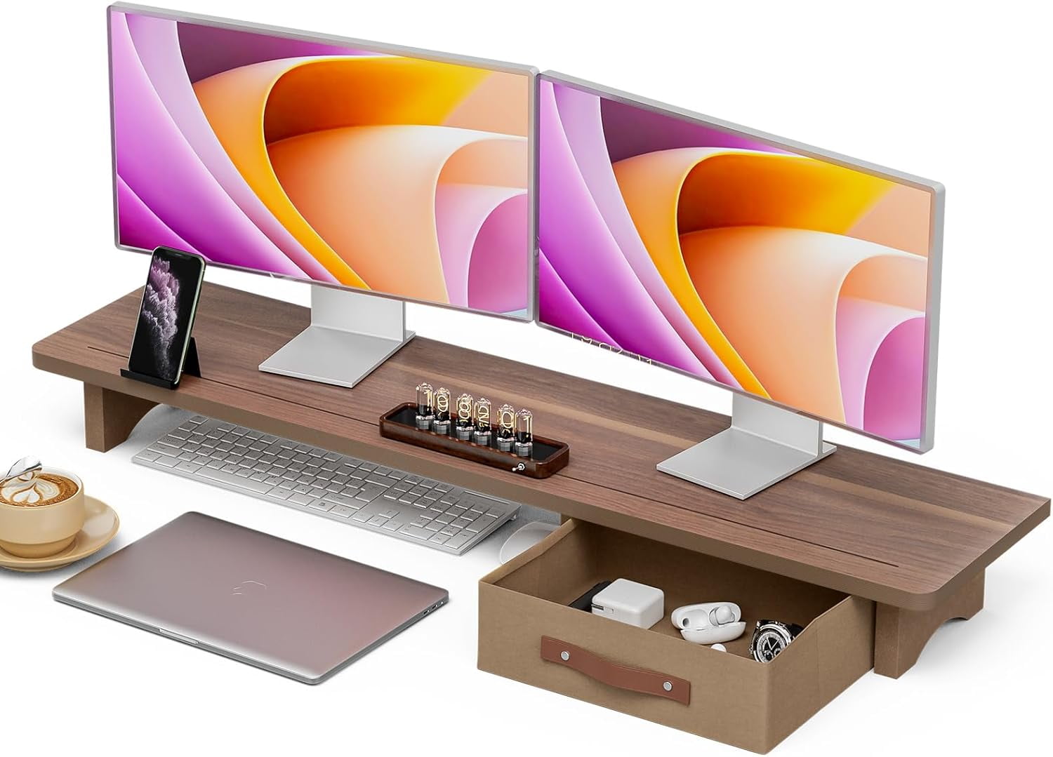 Dual Monitor Riser with Drawers,Sturdy Wood Monitor Riser for 2 ...