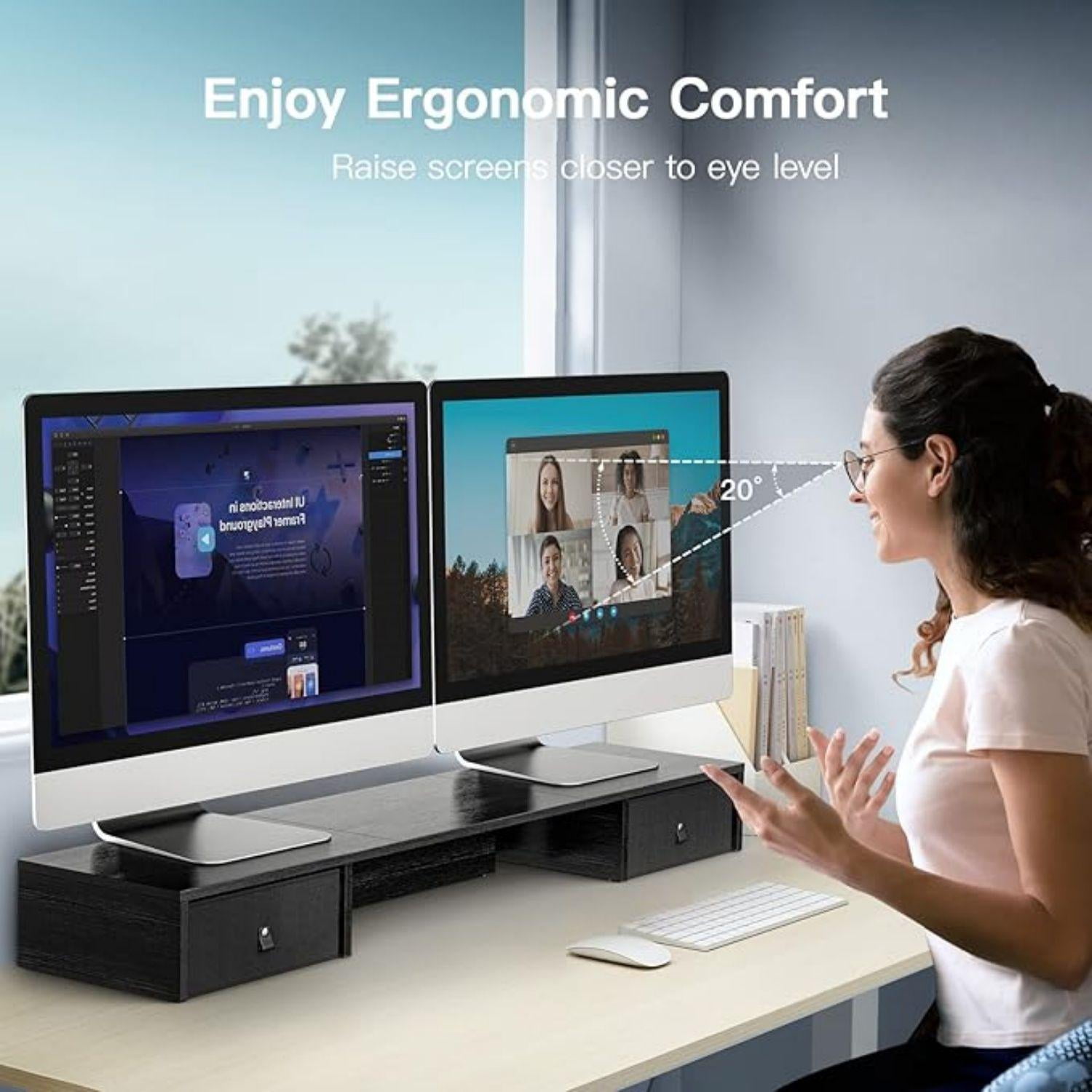 Dual Monitor Stand with 2 Drawers , Monitor Riser for 2 Monitors, Extra ...