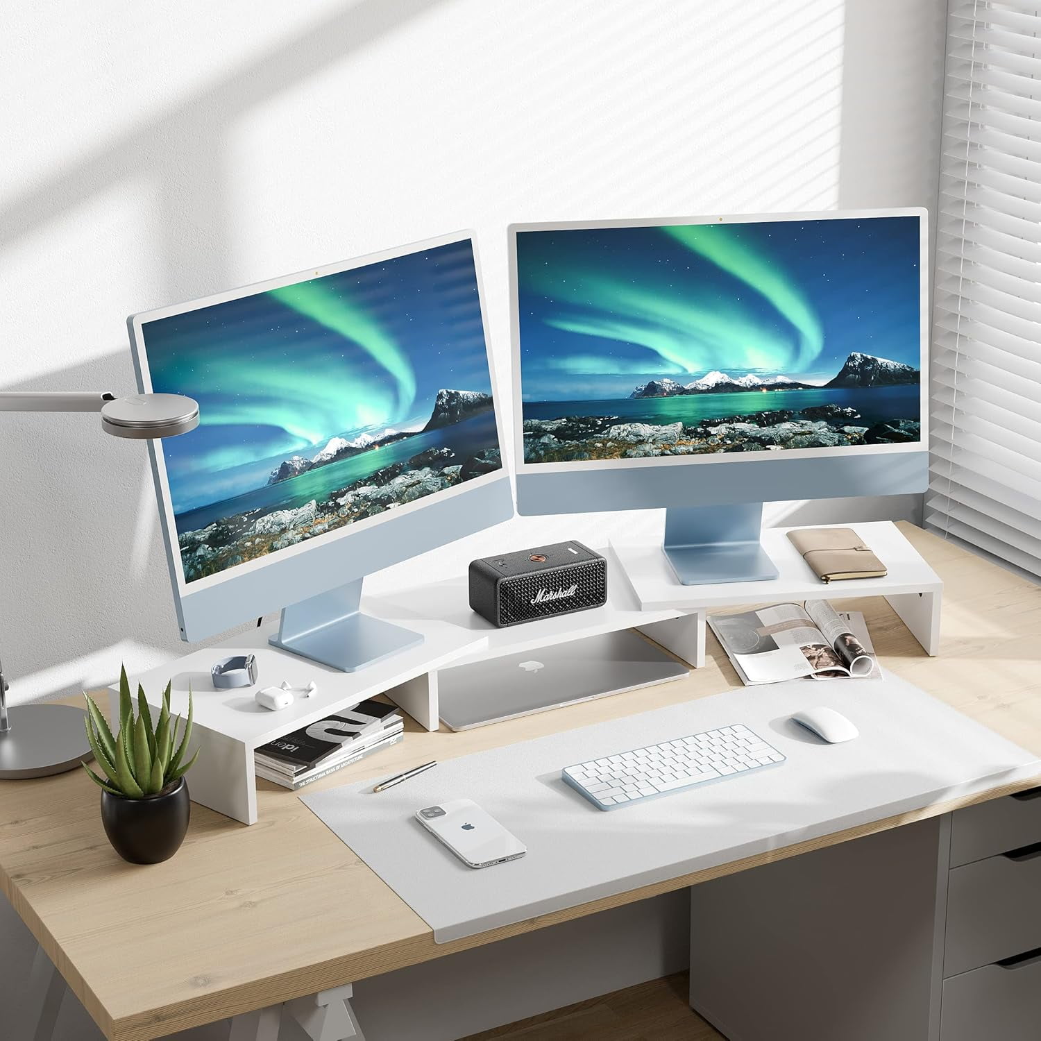 Dual Monitor Stand – 3 Shelf Computer Monitor Riser, Wood Desktop Stand ...