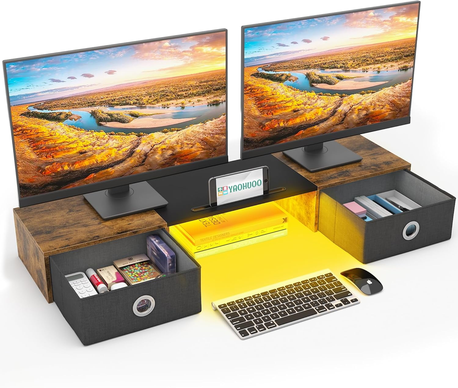 Dual Monitor Stand with LED Light 2 Drawers, Computer Monitor Riser for ...