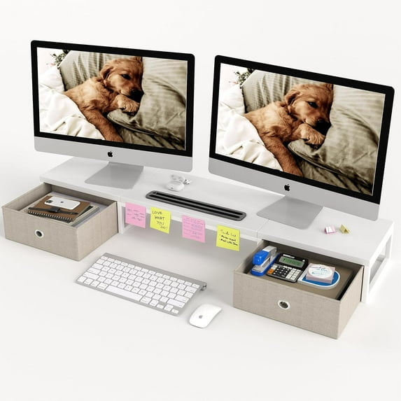 Dual Monitor Stand Riser with 2 Drawers - 39Inch Large Storage Computer ...
