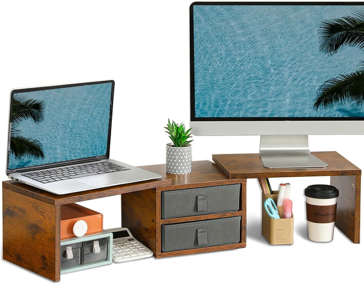 Dual Monitor Stand Riser with 2 Drawers - Length and Angle Adjustable 3 ...