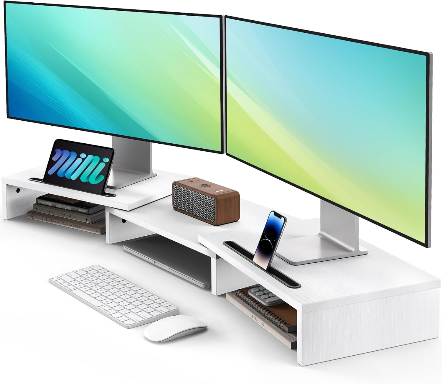 Dual Monitor Stand Riser- 3 Shelf Screen Stand with Adjustable Length ...