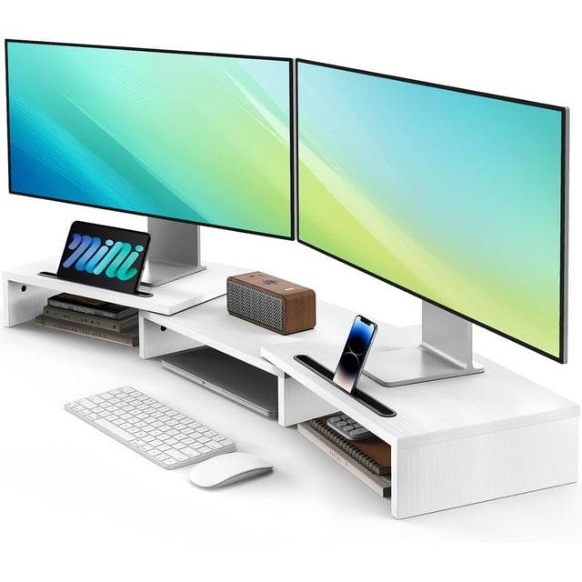 Dual Monitor Stand Riser- 3 Shelf Screen Stand with Adjustable Length ...