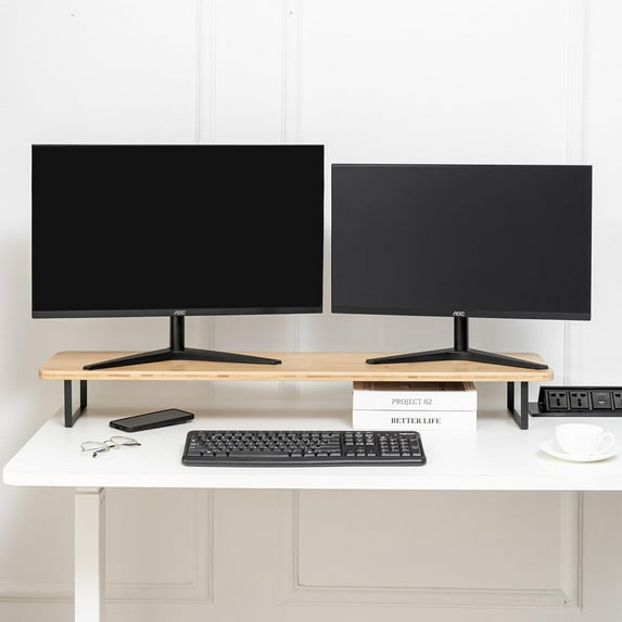 Dual Monitor Stand Riser,41.3'' Solid Bamboo&Steel Computer Monitor ...