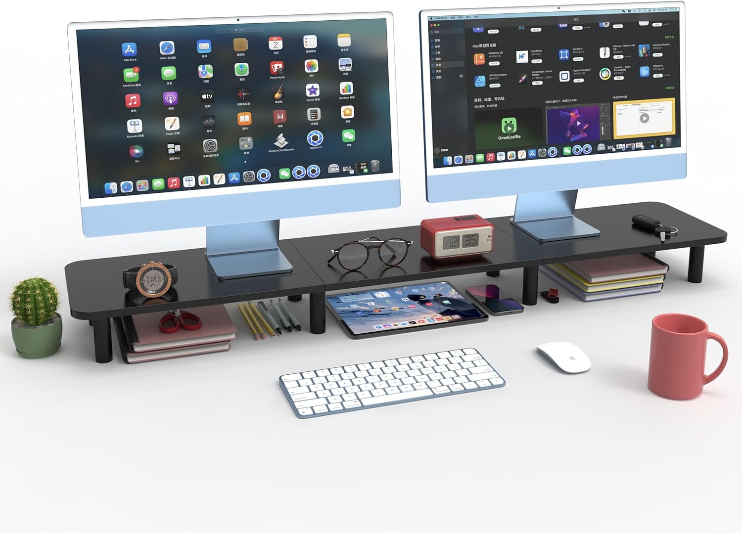 Dual Monitor Stand Riser 43.7 in，Large TV Stand for 2 Monitors Wood ...