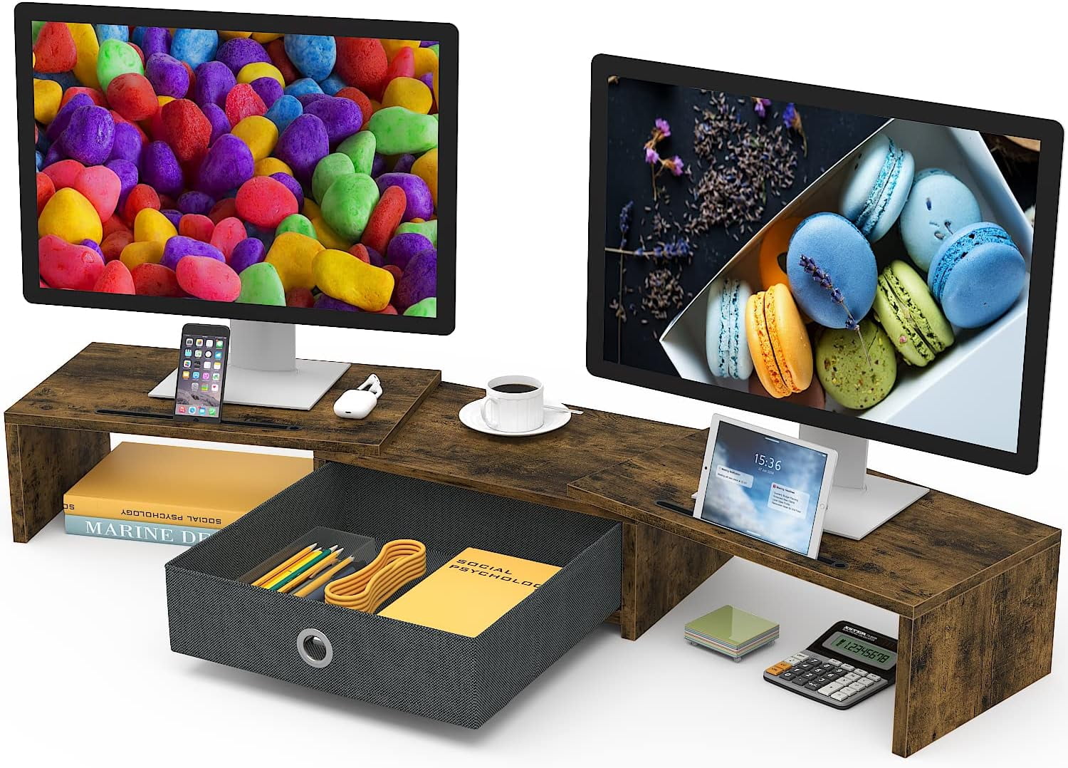 Dual Monitor Stand Riser with Drawer, 3 Shelf Computer Monitor Riser ...