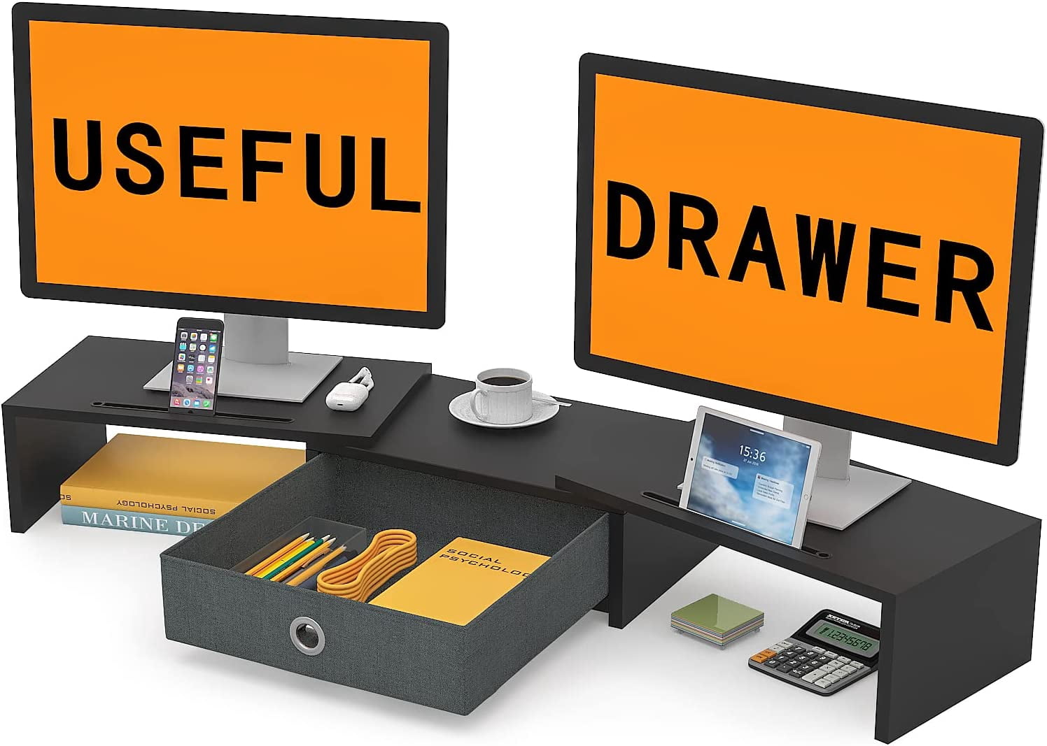 Dual Monitor Stand Riser with Drawer, Adjustable Length and Angle ...