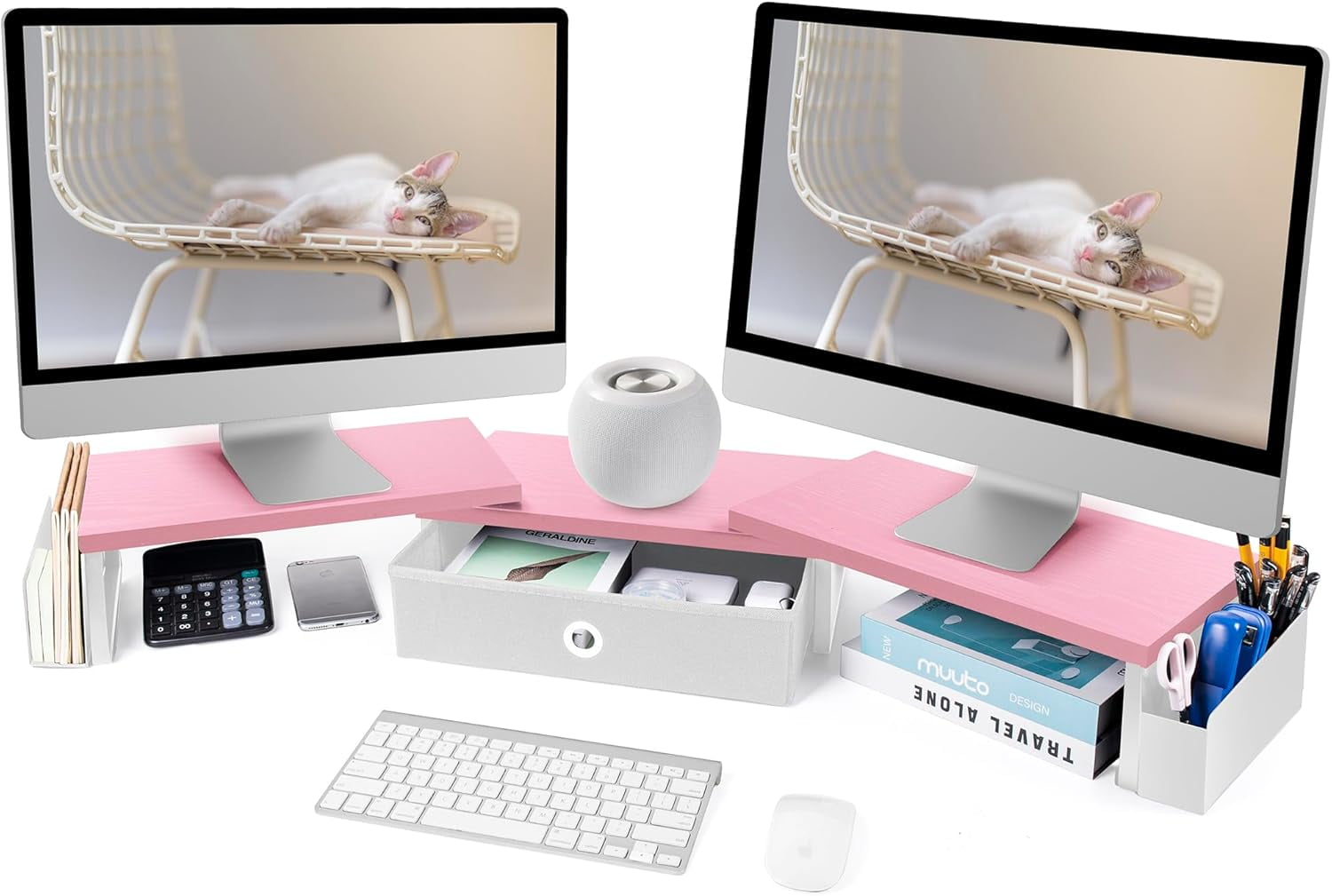 Dual Monitor Stand Riser With Drawer & Metal Leg, Large Desk Shelf For ...