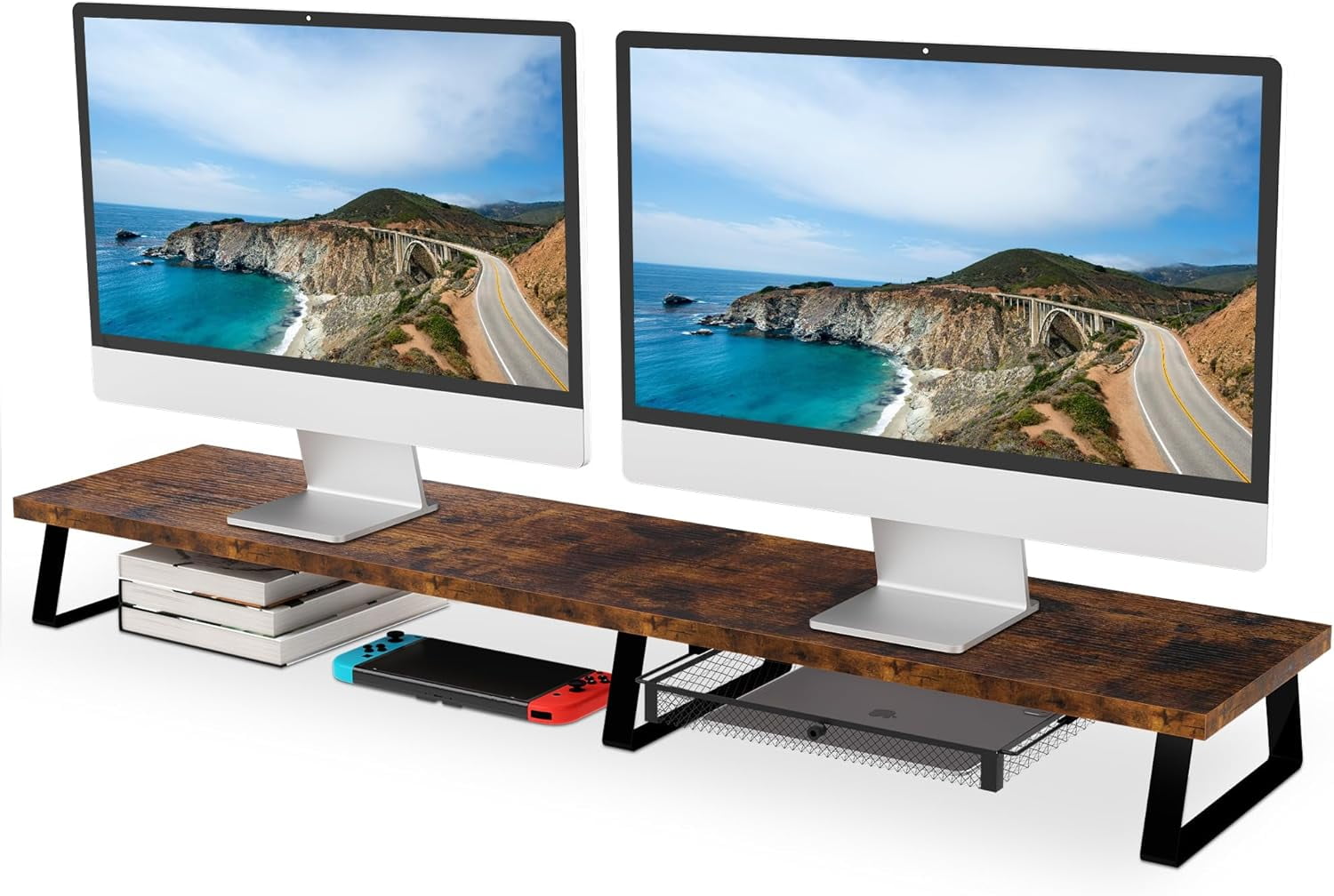 Dual Monitor Stand Riser - Metal Leg Monitor Stand with Drawer, Desk ...