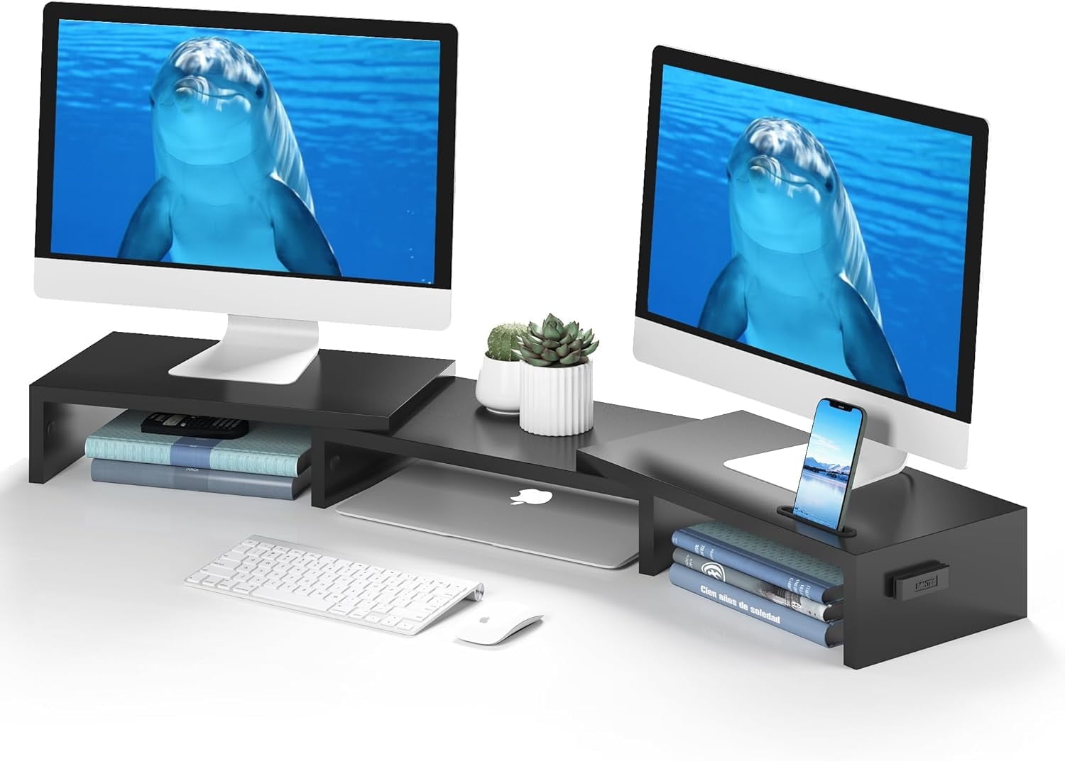 Dual Monitor Stand Riser with Smartphone Holder, Adjustable Length ...