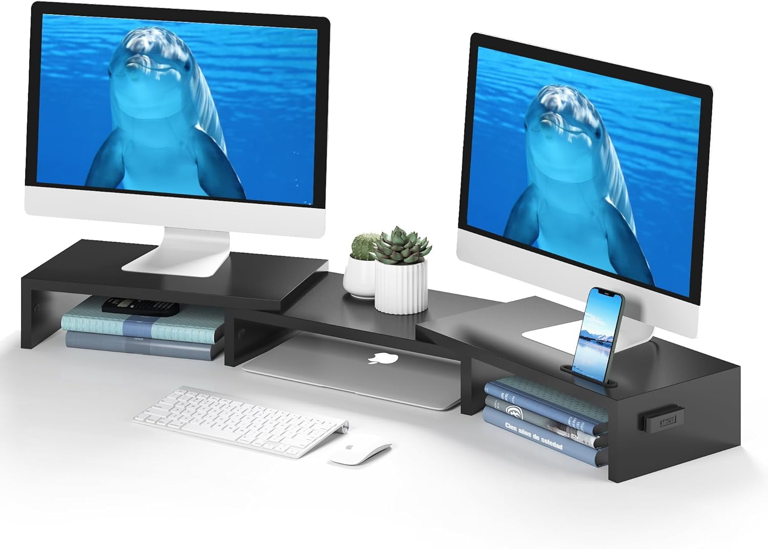 Dual Monitor Stand Riser with Smartphone Holder, Adjustable Length ...