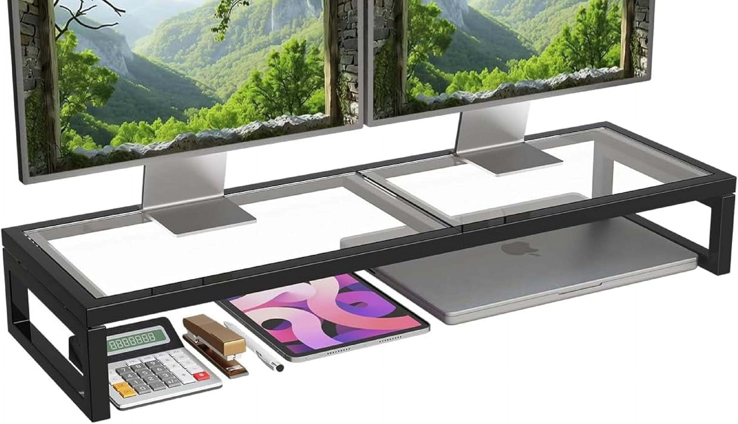 Dual Monitor Stand Riser, Tempered Glass Computer Desk Organizer with ...
