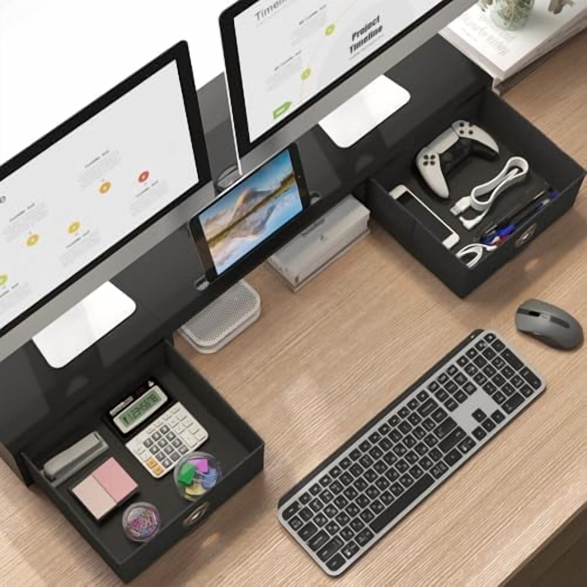 Dual Monitor Stand Riser with Two Drawers, Extra Large Storage Monitor ...