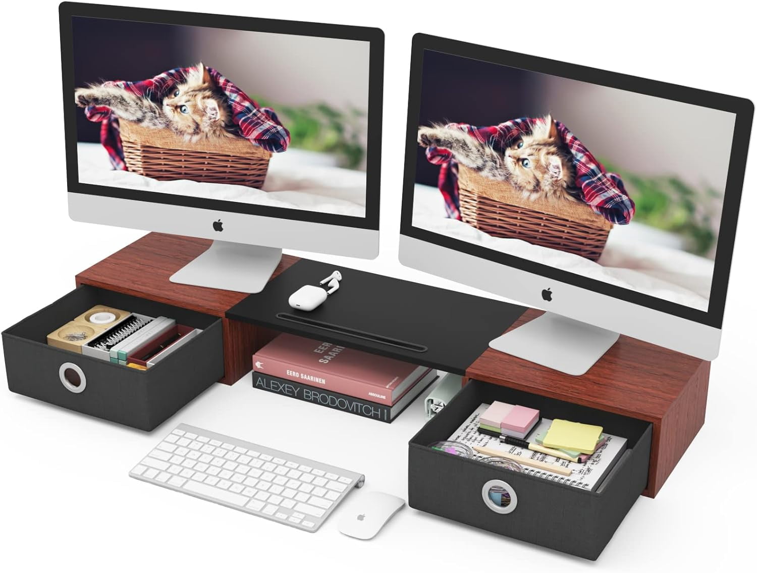 Dual Monitor Stand Riser with Two Drawers, Extra Large Storage Monitor ...