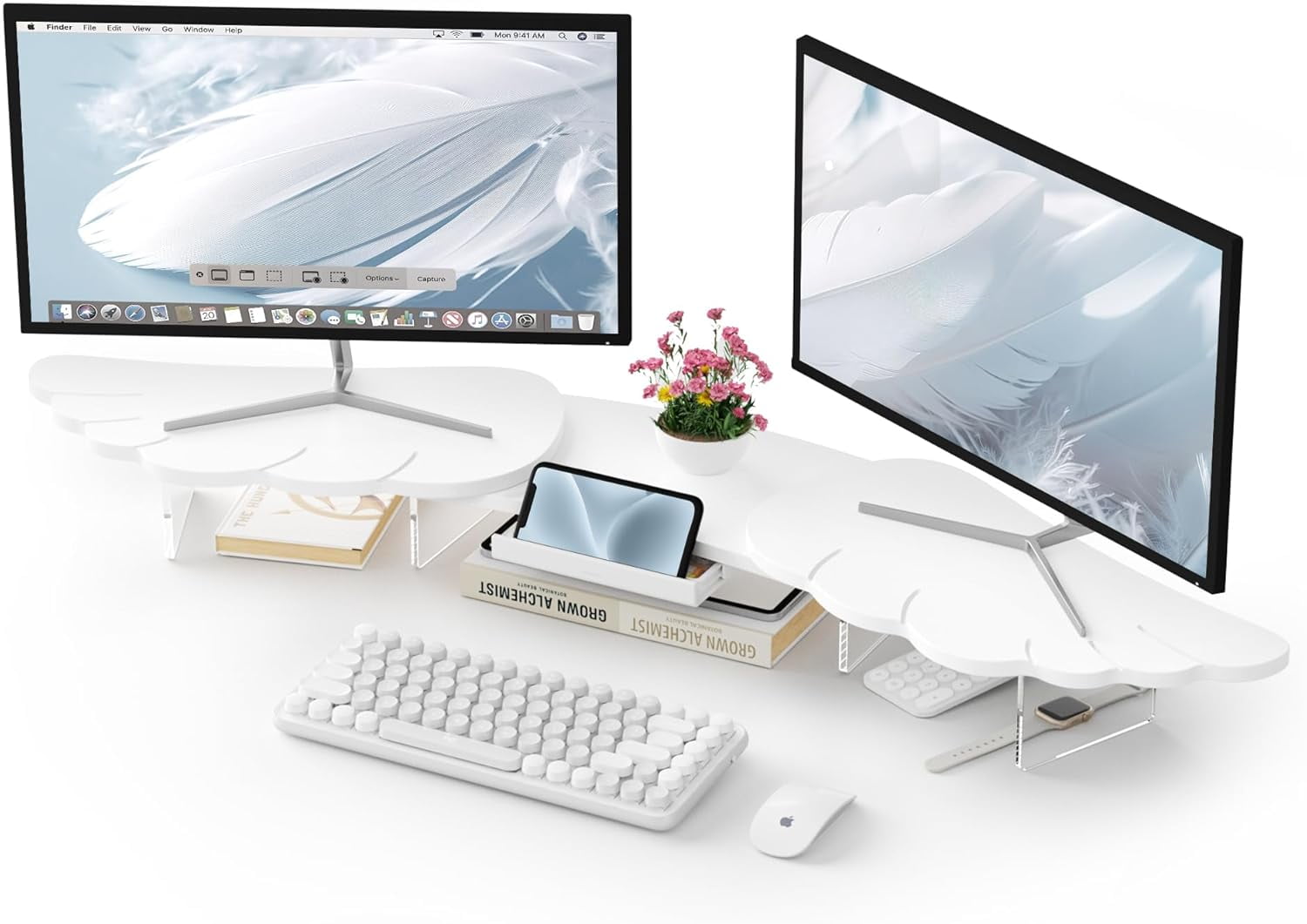 Dual Monitor Stand Riser, Wing-Shaped Sturdy Desktop Wood Stand for 2 ...