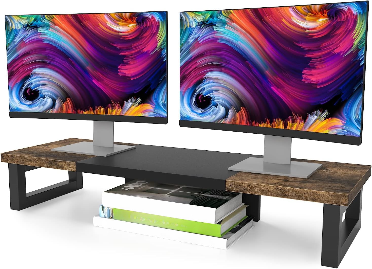 Dual Monitor Stand Riser, Wood and Steel Monitor Stand Riser, Computer ...
