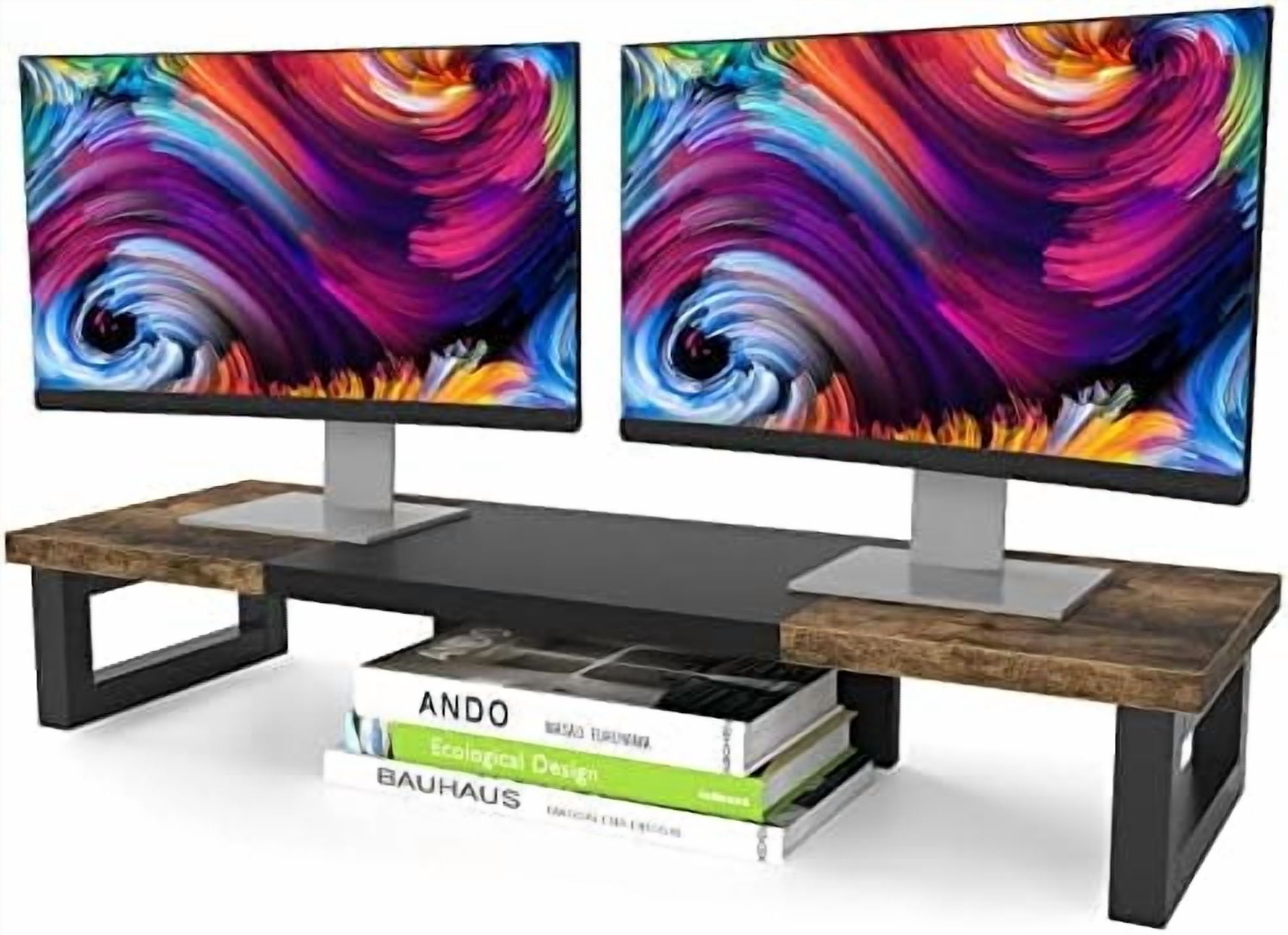 Dual Monitor Stand Riser, Wood and Steel Multi-Purpose Desktop Storage ...