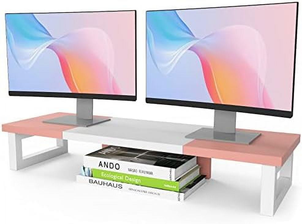 Dual Monitor Stand Riser, Wood and Steel Multi-Purpose Desktop Storage ...