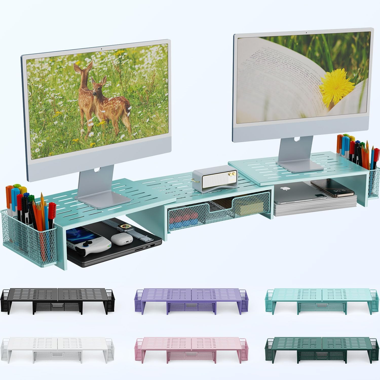 Dual Monitor Stand Riser for Computer Desk with Drawer, Pen Holder and ...