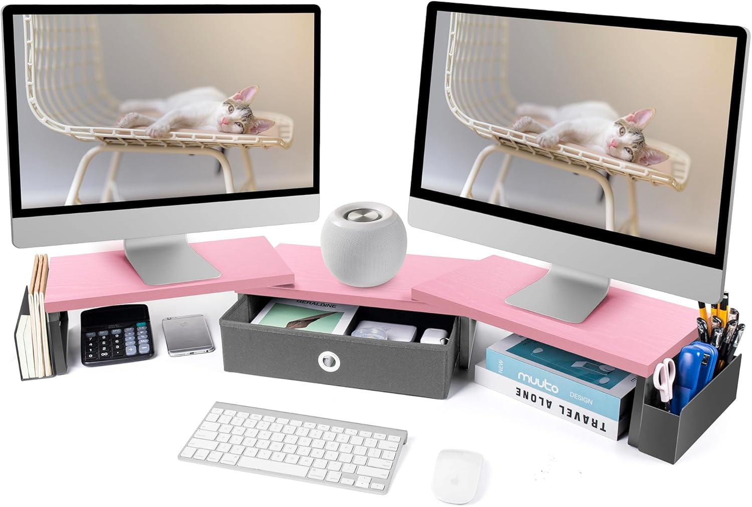 Dual Monitor Stand Riser w/ Drawer & Metal Leg, Large Computer Monitor ...