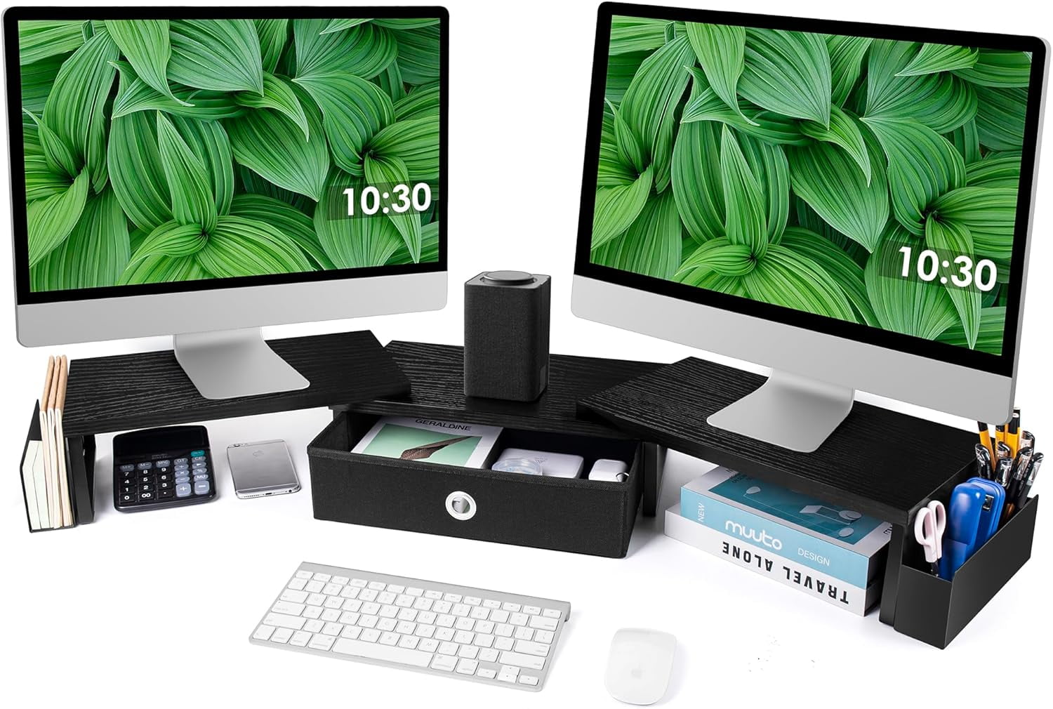 Dual Monitor Stand Riser w/ Drawer & Metal Leg, Large Computer Monitor ...