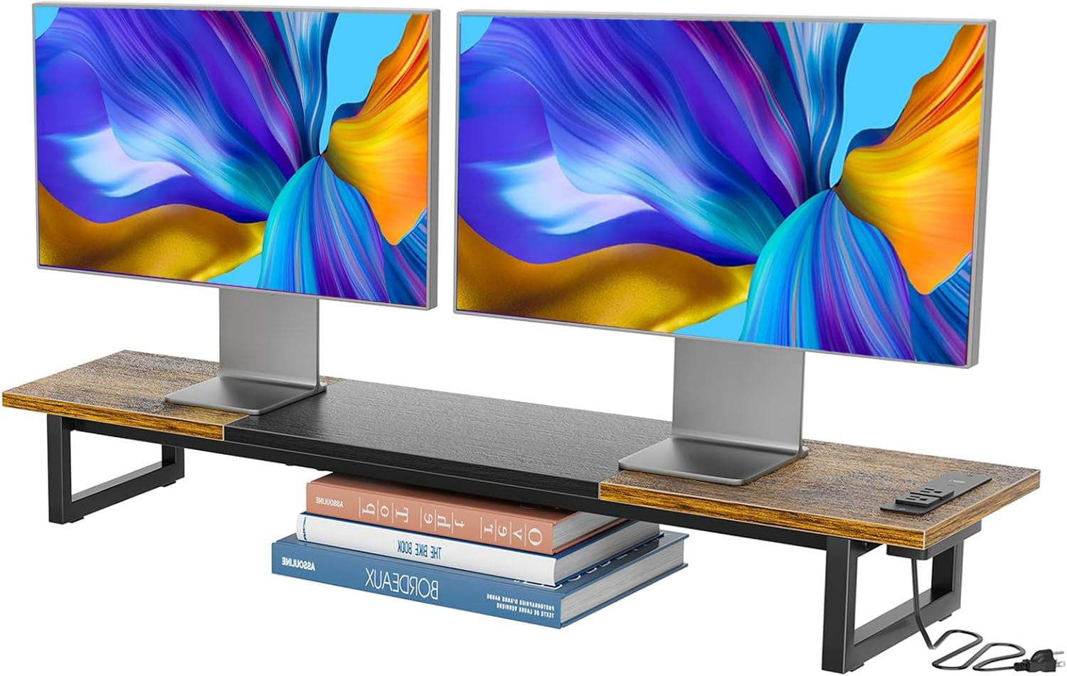 Dual Monitor Stand Riser with 2 USB Charging Ports, Wood Computer Desk ...