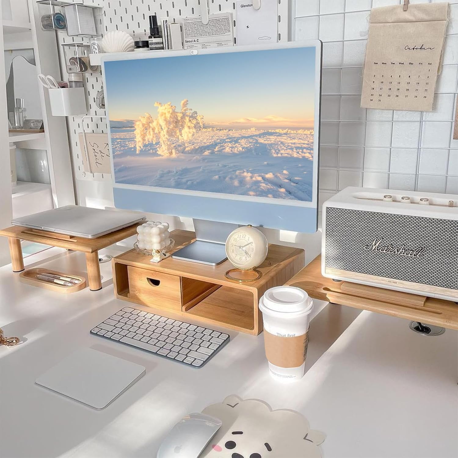 Dual Monitor Stand Riser with Drawer for Desk Laptop Shelf Adjustable ...