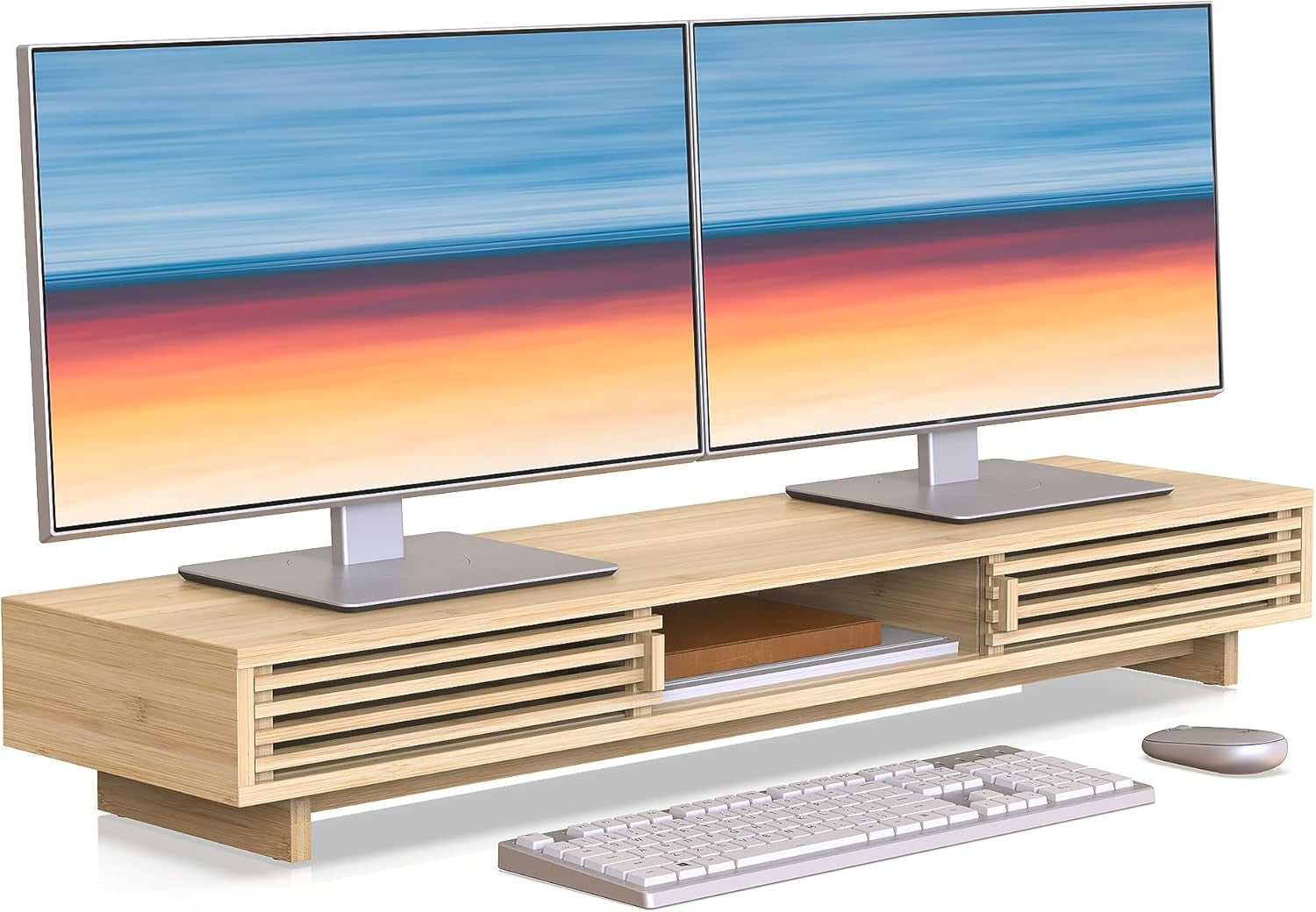 Dual Monitor Stand Riser with Sliding Door, Double Computer Laptop ...