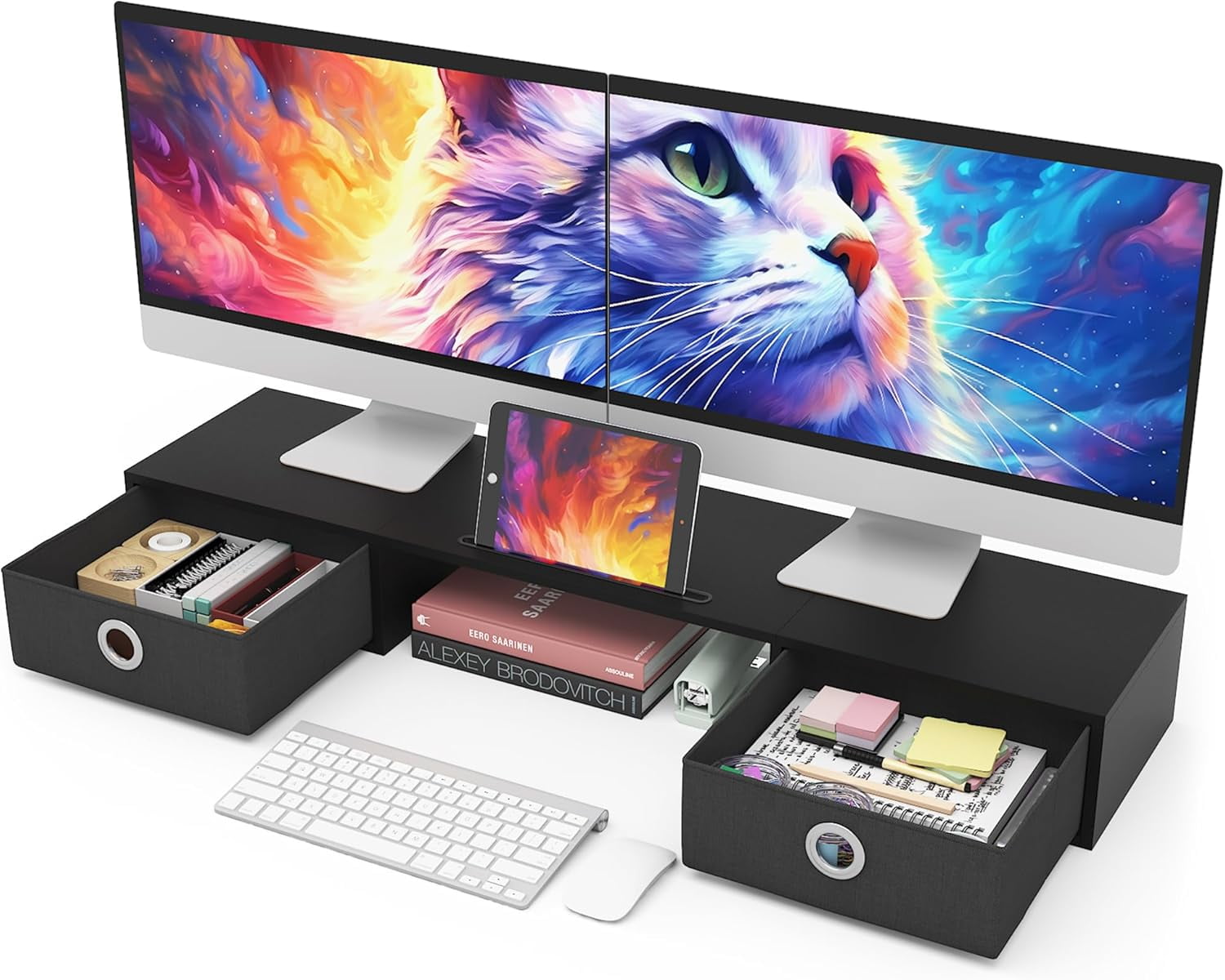 Dual Monitor Stand Riser with Two Drawers, Extra Large Storage for 2 ...