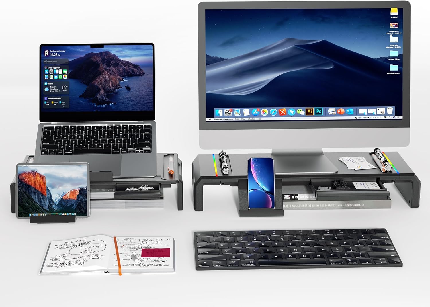 Dual Monitor Stand for Desk, Foldable Monitor Riser with RGB Light ...