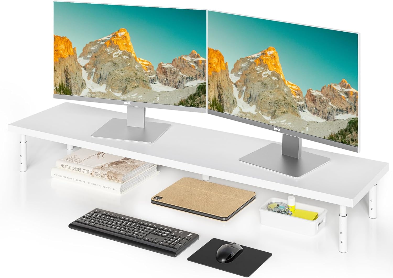 Dual Monitor Stand for Desk-White Bamboo Monitor Stand Riser for 2 ...