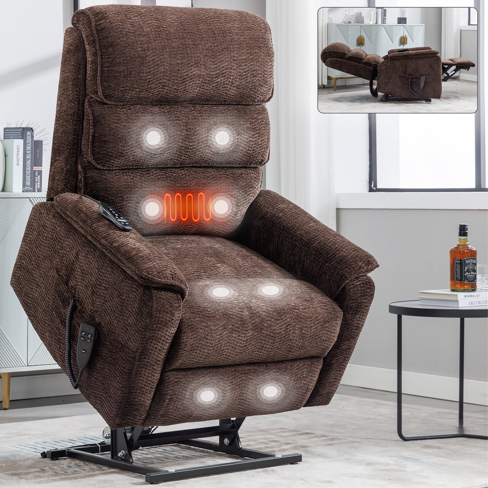 Dual Motor Lift Recliner, Infinite Position, with Heated Massage, Brown ...
