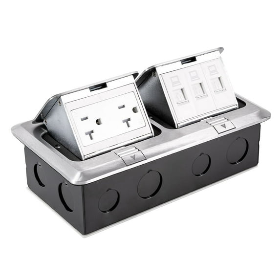 Dual Pop-Up Floor Electrical Outlet Box Kit, 20 Amp TR Receptacle Outlet, 3-Port LAN Datacom ...