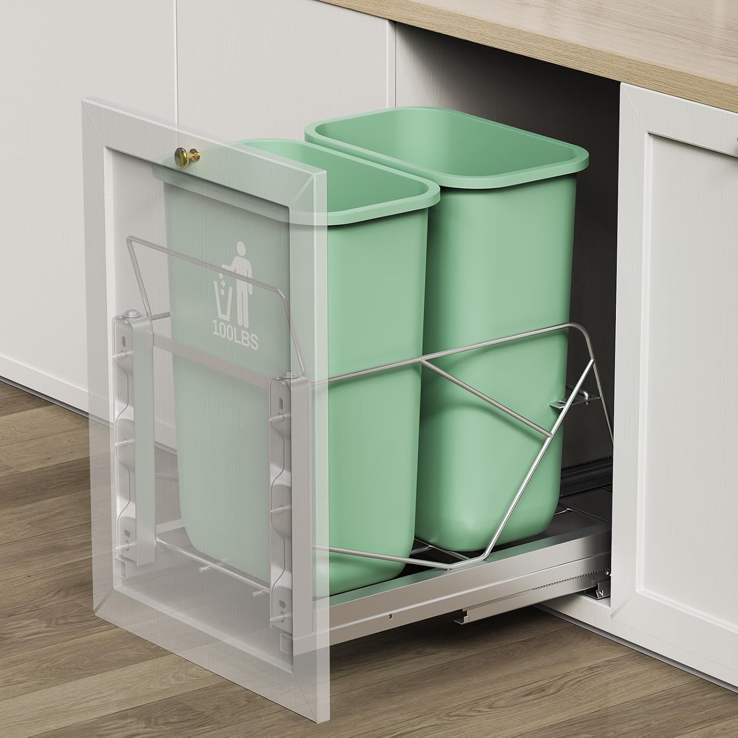Dual Pull Out Trash Can Under Cabinet, Door Mount & Pull Handle Twin ...