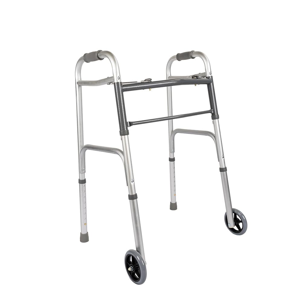 Dual-Release Two Button Folding Walker with 5 Inch Wheels, Height ...